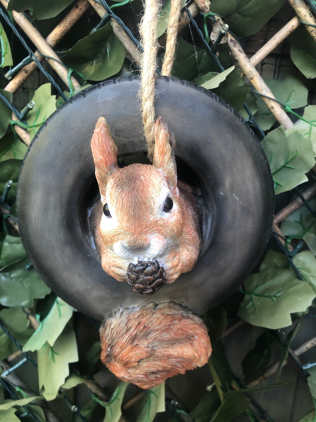 Hanging Squirrel in Tyre Garden Ornament, Squirrel Gift, Tree Hanging ...