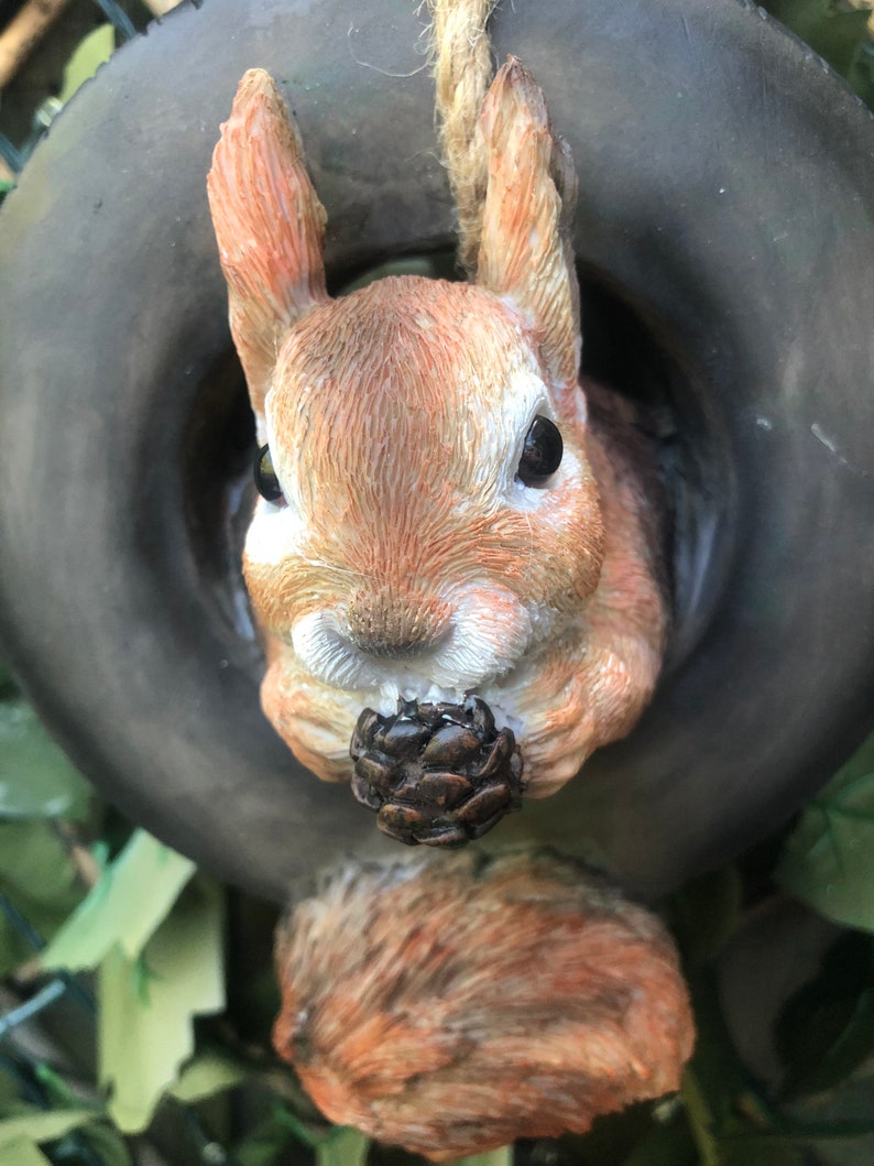 Hanging Squirrel in Tyre Garden Ornament, Squirrel Gift, Tree Hanging ...