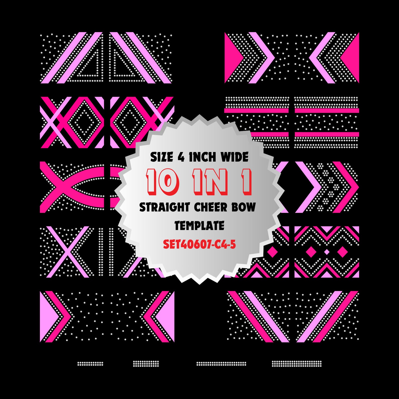 SET40607-C4-5, 4" Tailless Straight Cheer Bow Rhinestone Template ...