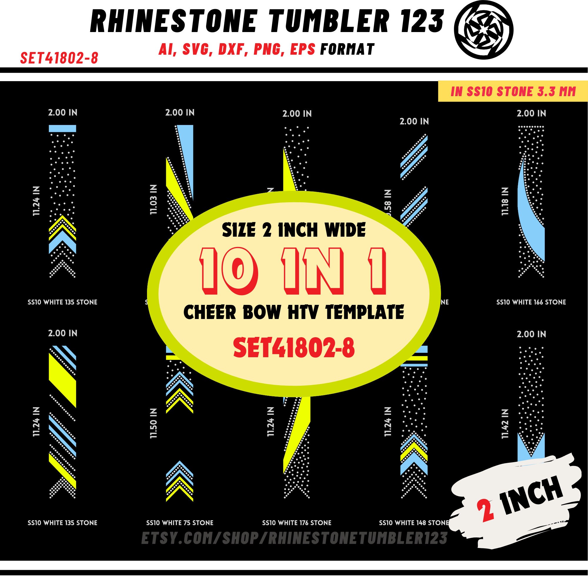 10 Cheer Bow Rhinestone Template With HTV, V Tail, 2 Inch Rhinestone ...