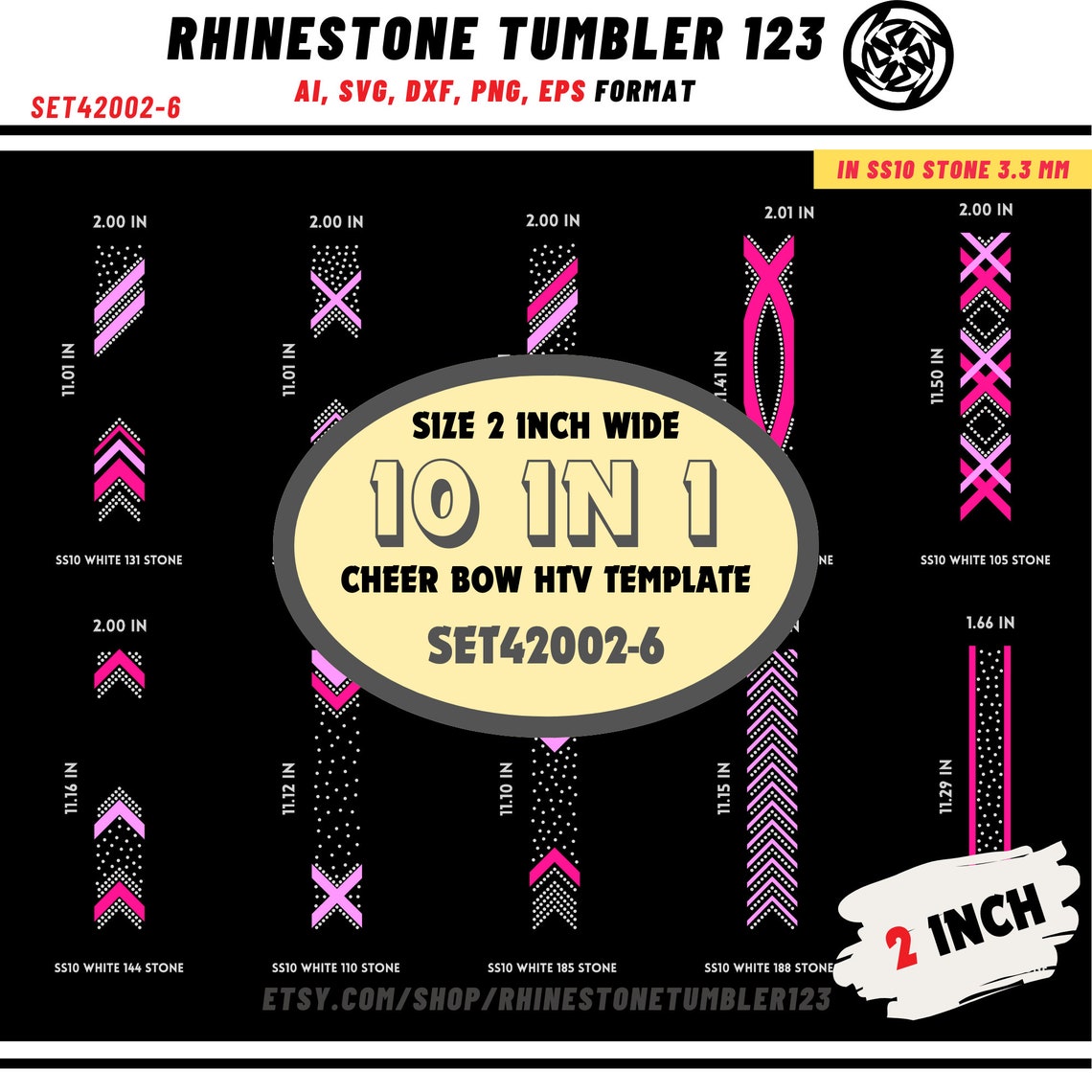 10 Cheer Bow Rhinestone Template With HTV, V Tail, 2 Inch Rhinestone ...