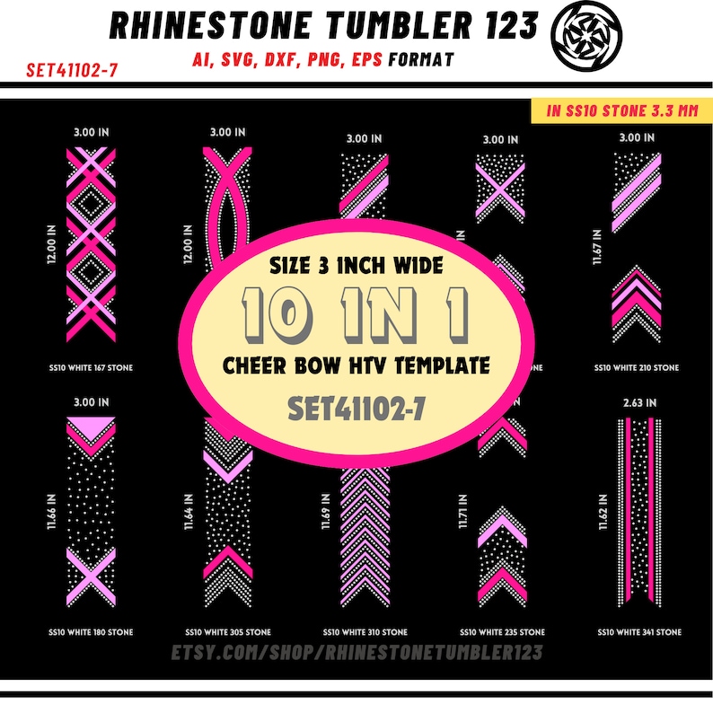 10 Cheer Bow Rhinestone Template With HTV, V Tail, 3 Inch Rhinestone ...
