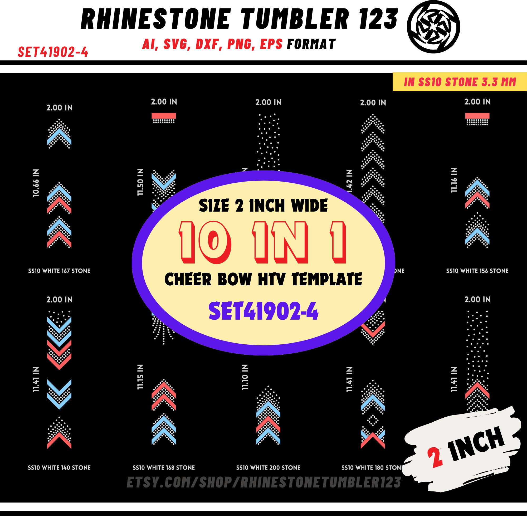 10 Cheer Bow Rhinestone Template With HTV, V Tail, 2 Inch Rhinestone ...