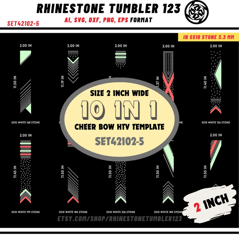 10 Cheer Bow Rhinestone Template With HTV, V Tail, 2 Inch Rhinestone ...