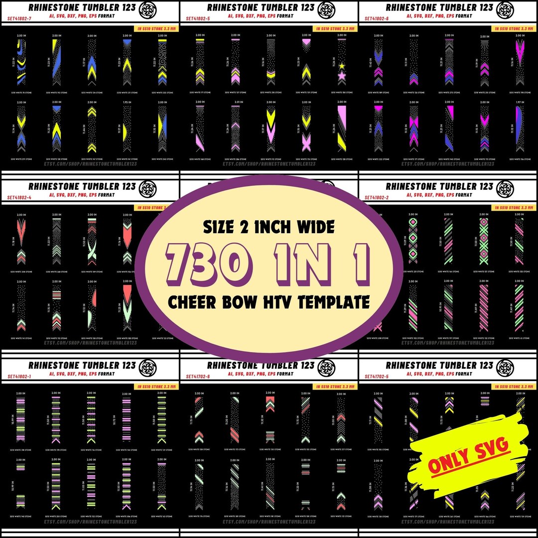 BUNDLE 730 Cheer Bow Rhinestone Template With HTV, V Tail, 2 Inch ...