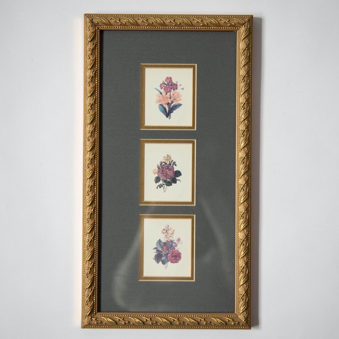 Vintage Triptych Miniature Floral Botanical Prints Gold Framed & Matted ...