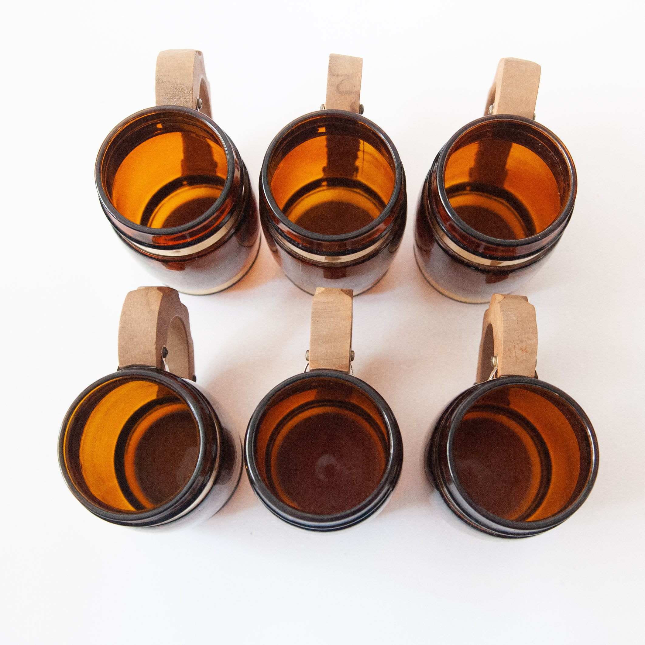 Vintage Siesta Ware Amber Glass Wood Handle Pitcher & Mugs 7 Piece Set ...