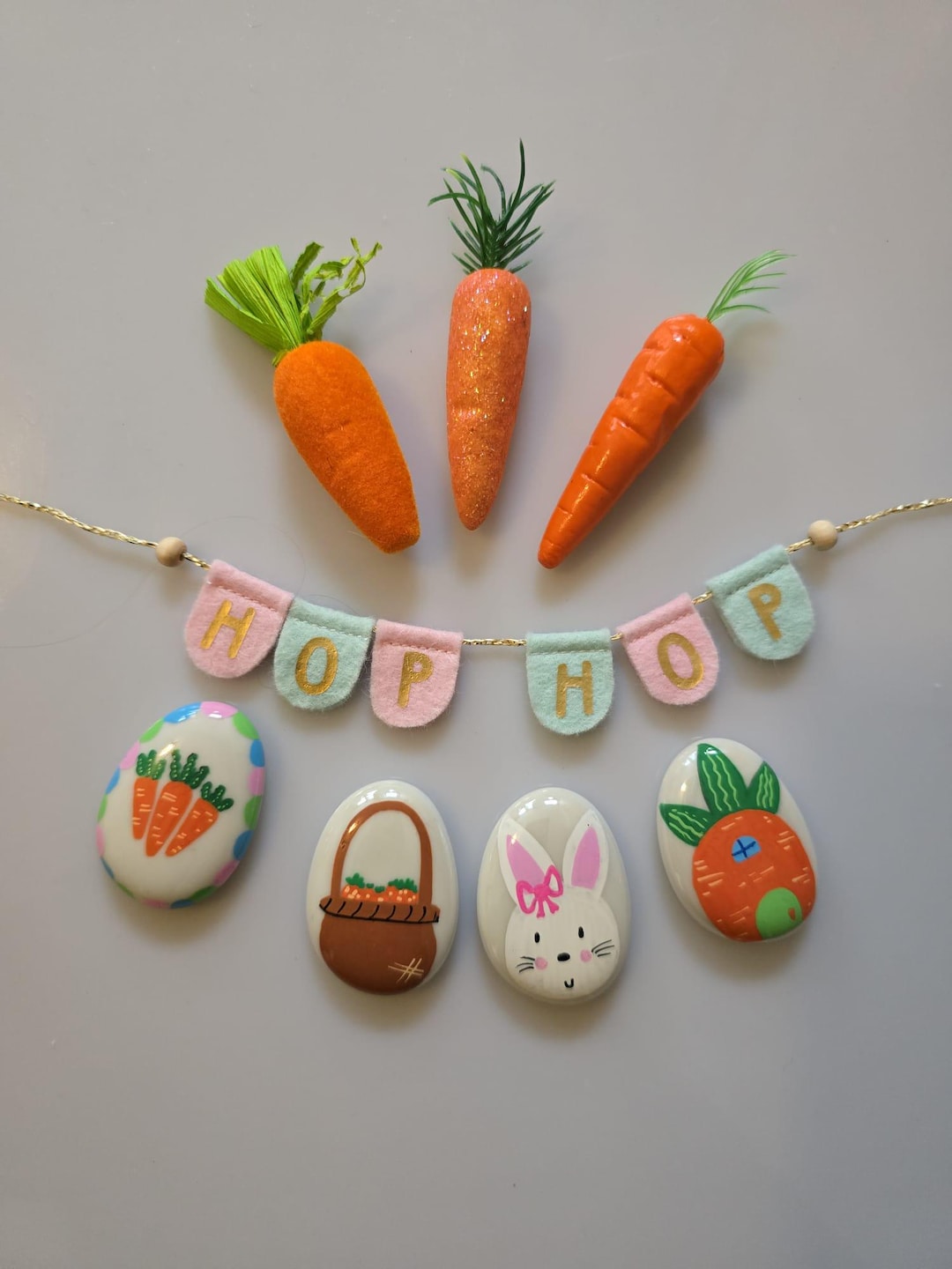 Easter Bunny Painted Pebble Set, Carrots, Easter Sensory Play, Pebble ...