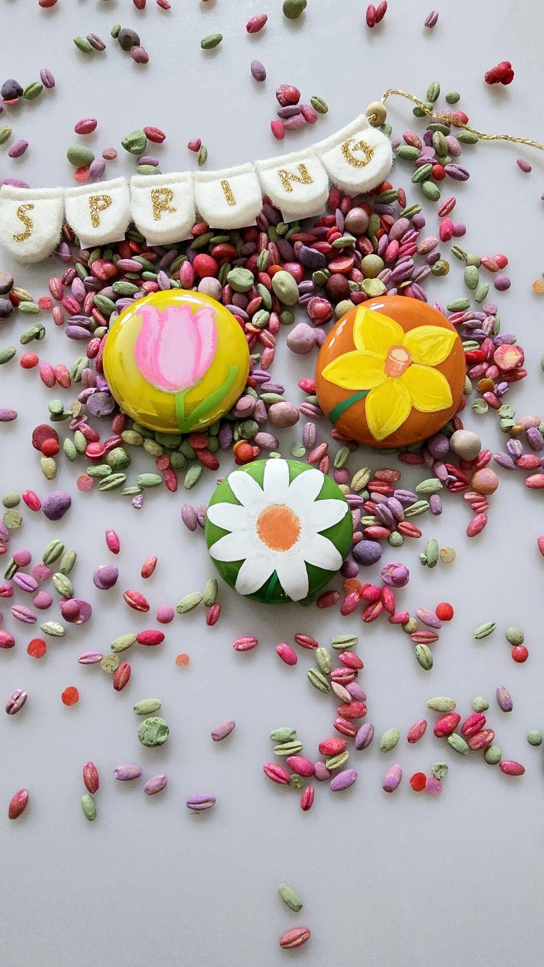 Spring Painted Pebbles, Spring Flowers, Tulip, Daffodil, Daisy, Eyfs ...