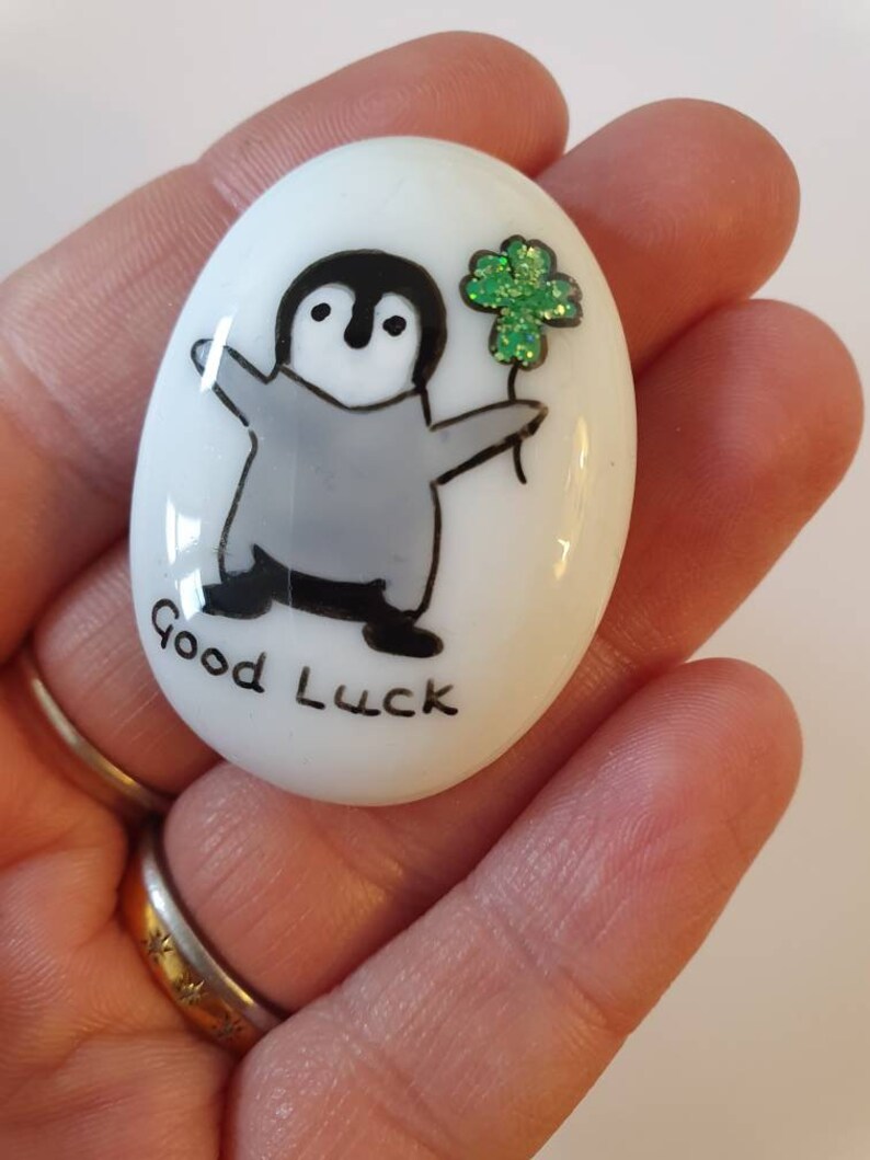 Good luck keepsake pebble . Baby penguin with sparkly four | Etsy