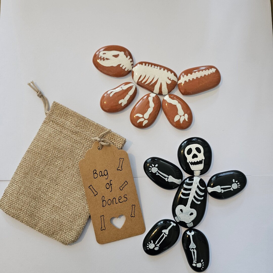 Bag of Bones Painted Pebbles, Story Stones for Kids, Skeleton Jigsaw ...