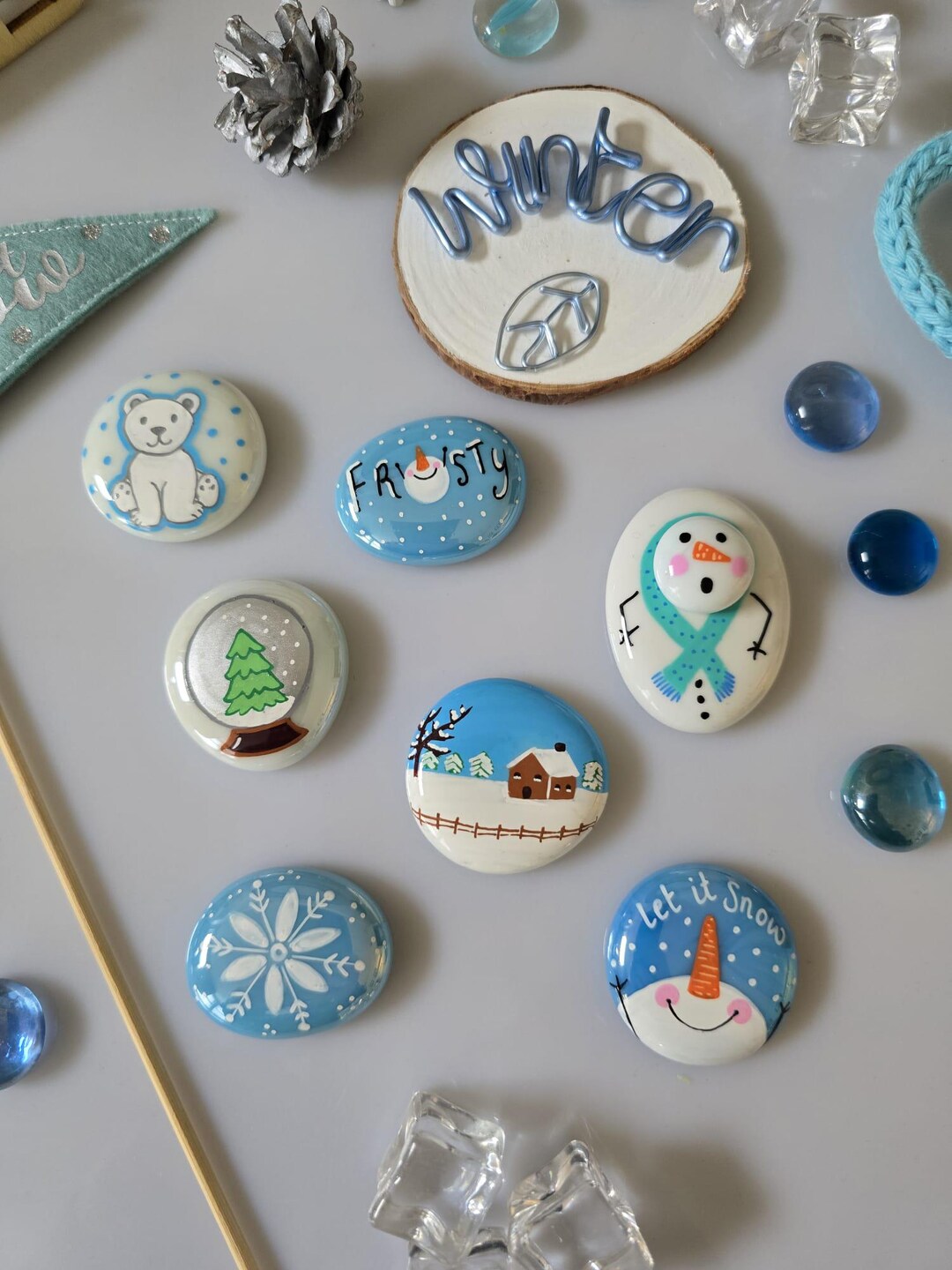 Winter Painted Pebbles, Rock Art, Hand Made Gifts , Seasonal ,small ...