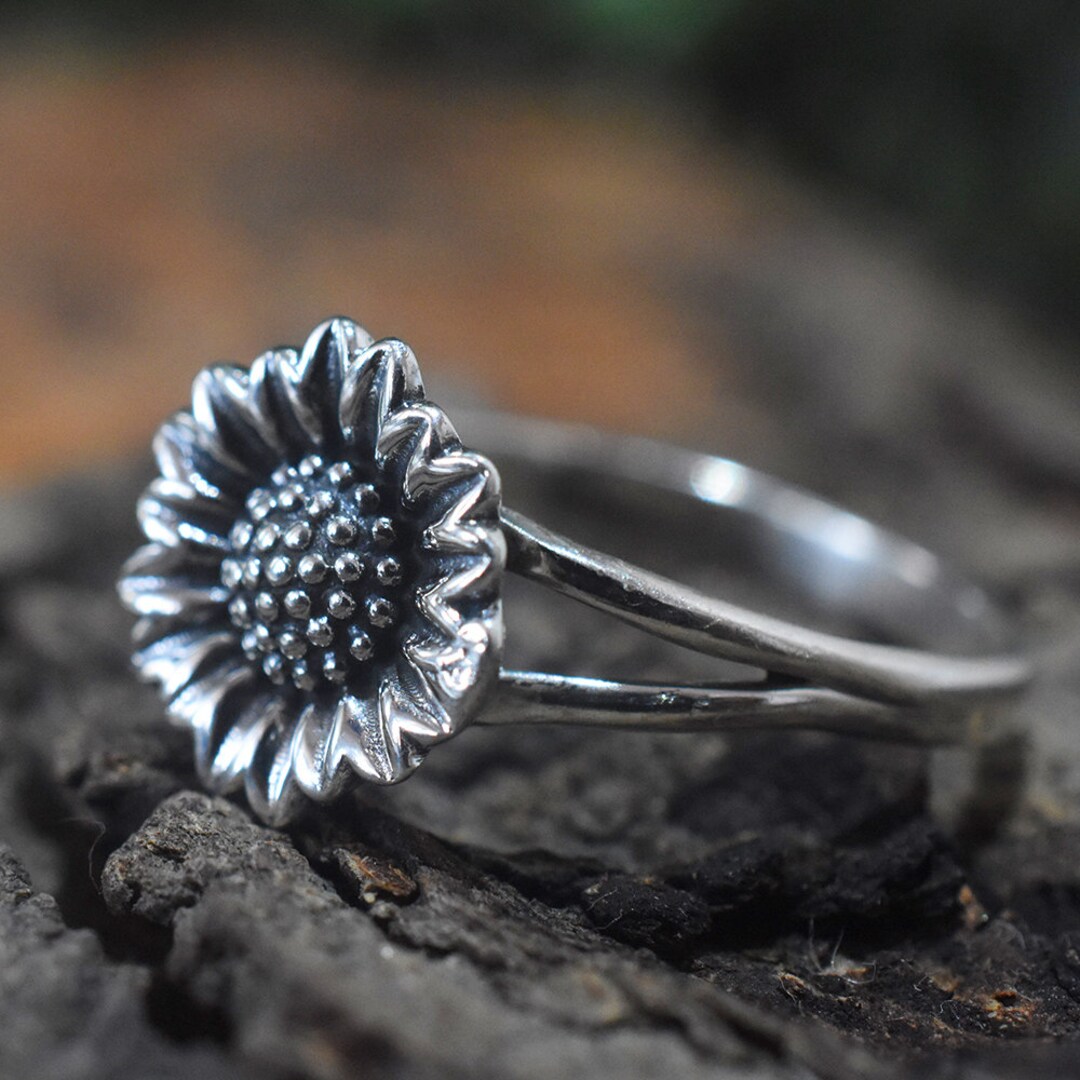 925 Sterling Silver Sunflower Ring, Floral Band, Size 8 - Etsy