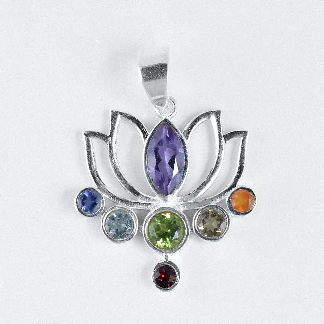 Multi-gemstone Lotus Pendant, Sterling Silver Boho Jewelry - Etsy