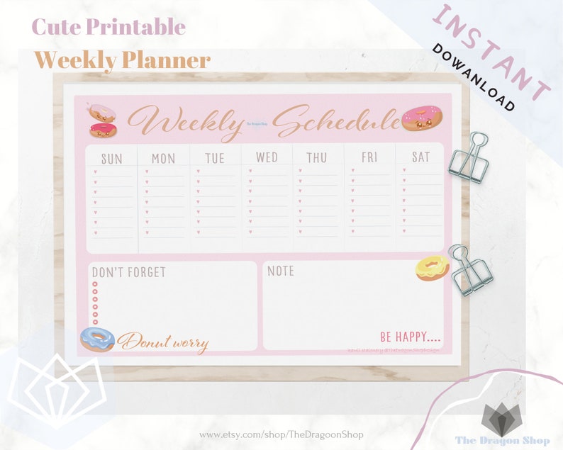 Donut Weekly Planner Printable |cute Kawaii Weekly Planner Printable - Etsy