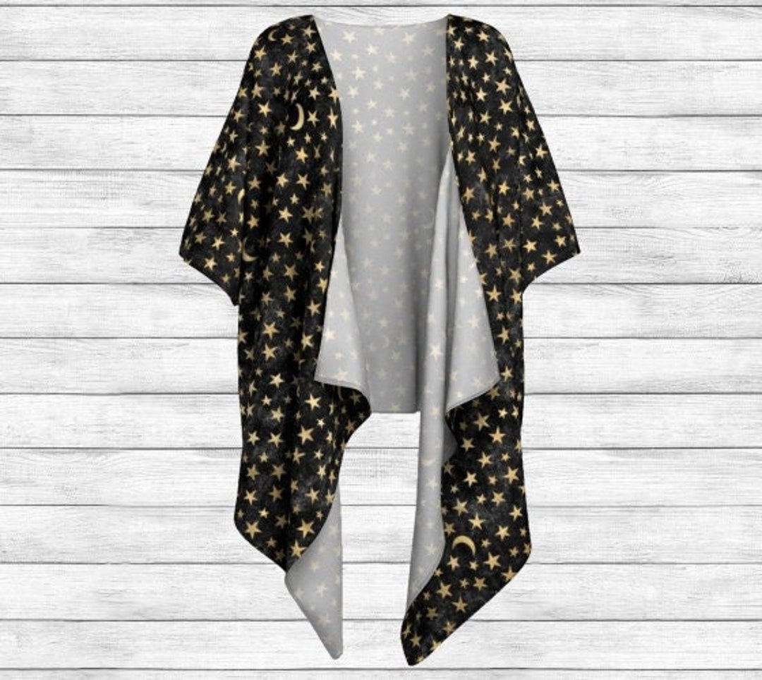 Night Sky Celestial Kimono Cardigan Moon Stars Black Kimono Fringe ...