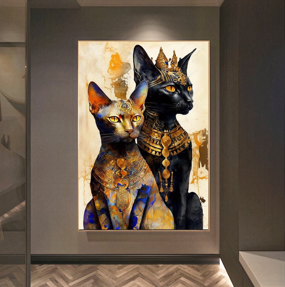 GROSSER HISTORISCHER KUNSTDRUCK, zwei ägyptische Katzen Bastet und ...