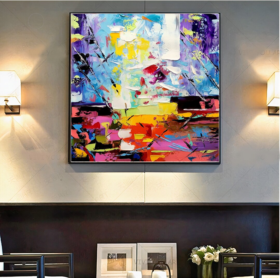 LARGE TEXTURED Abstract Wall Art Vivid Rainbow Oil Painting on Canvas ...