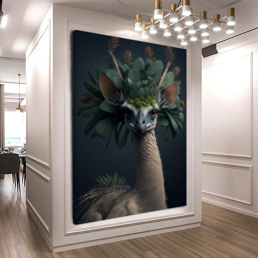Stretched / Rolled Print on Canvas Ostrich With Green Flowers, Animals ...