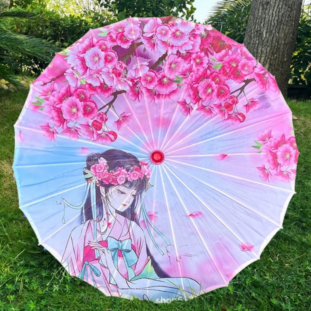 Pink Blue Silk Women Umbrella Japanese Cherry Blossom Silk Vintage ...
