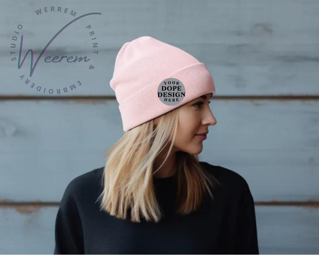 Side Cuff Beanie Mockup, Light Pink Beanie Mockup, Hat Mockup, Beanie ...