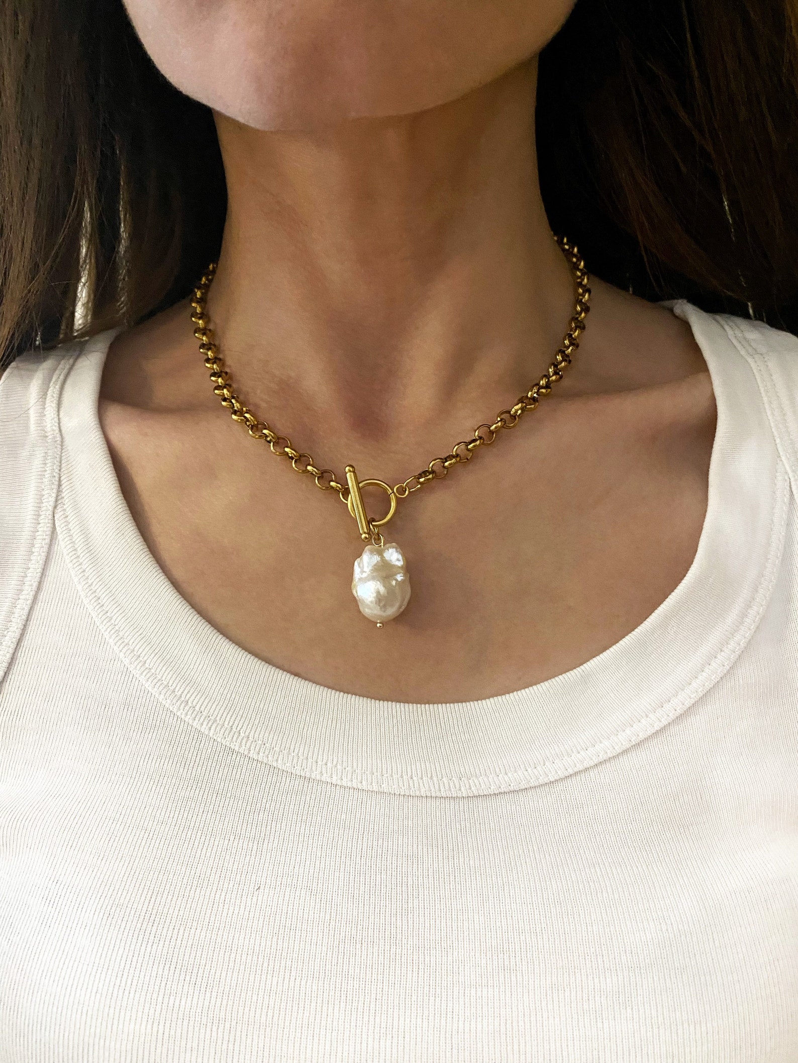Baroque Pearl Pendant Necklace Gold Rolo Chain Necklace With - Etsy
