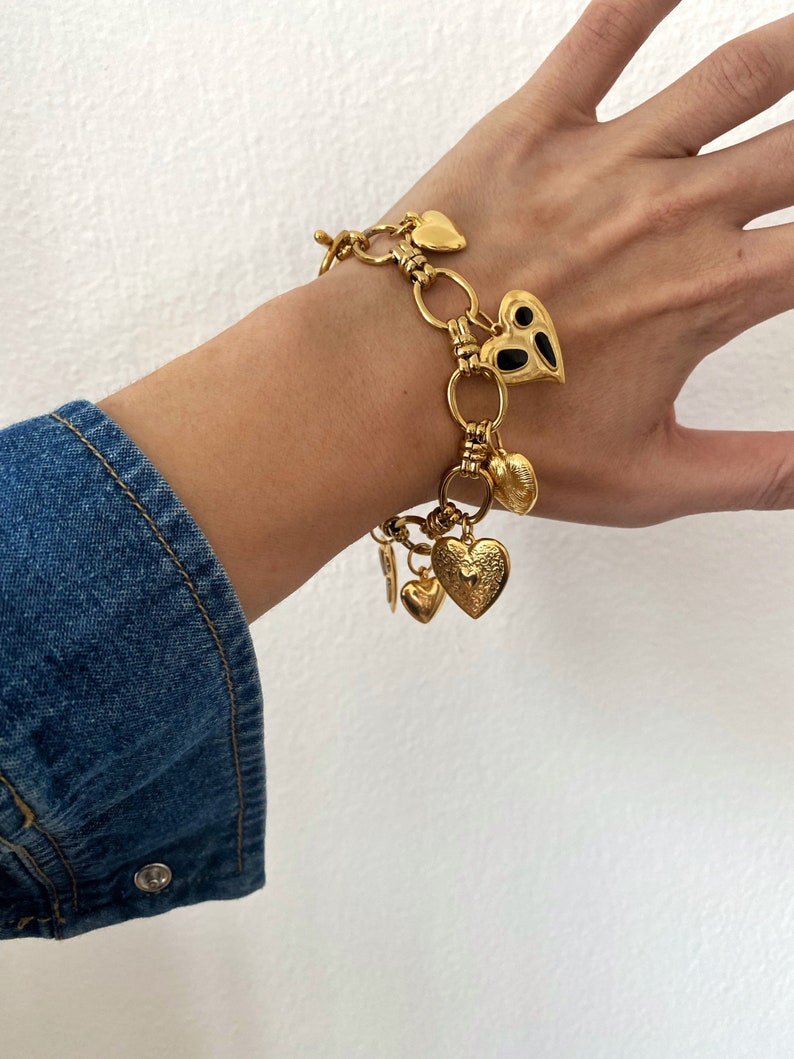 Heart Charms Bracelet Gold Heart Bracelet Gold Chunky - Etsy