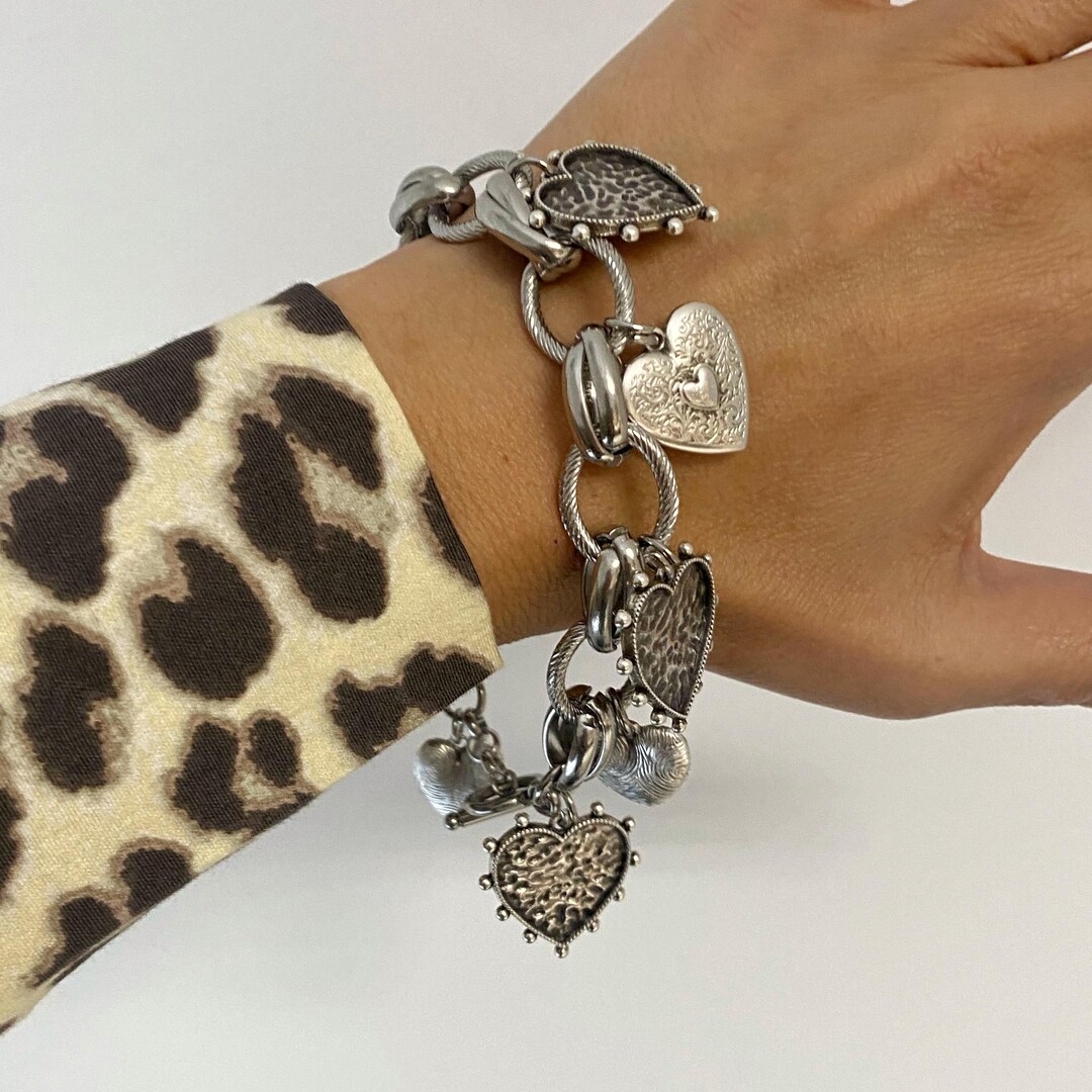 Heart Charms Bracelet, Silver Tone Heart Bracelet, Chunky Bracelet for ...