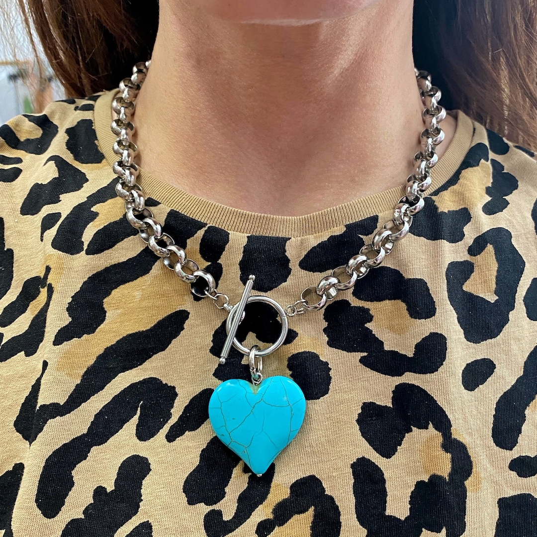Turquoise Heart Necklace, Large Puffy Heart Pendant, Summer Jewelry ...