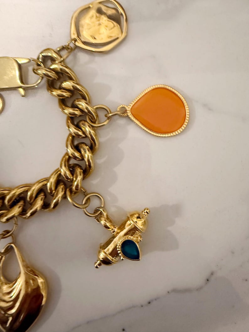 Gold Tone Charm Bracelet, Multi Charm Heavy Thick Bold Chain Bracelet ...