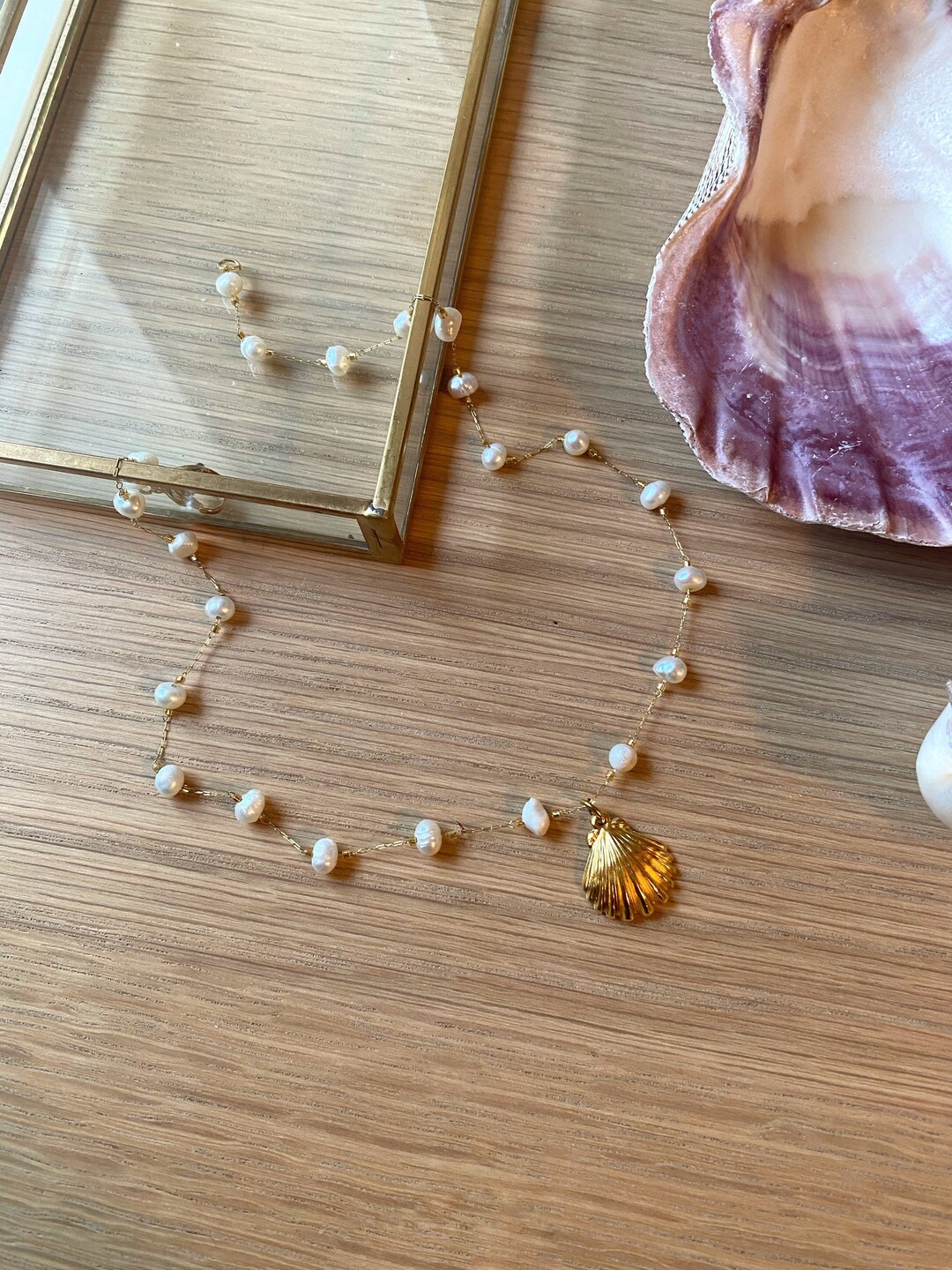 Rosary Pearl Necklace, Gold Clam Necklace, Dainty Freshwater Pearl ...