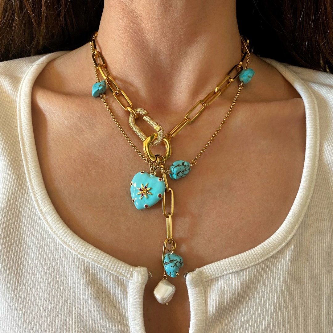 Carabiner Locker Necklace, Link Chain Necklace With Turquoise Heart ...