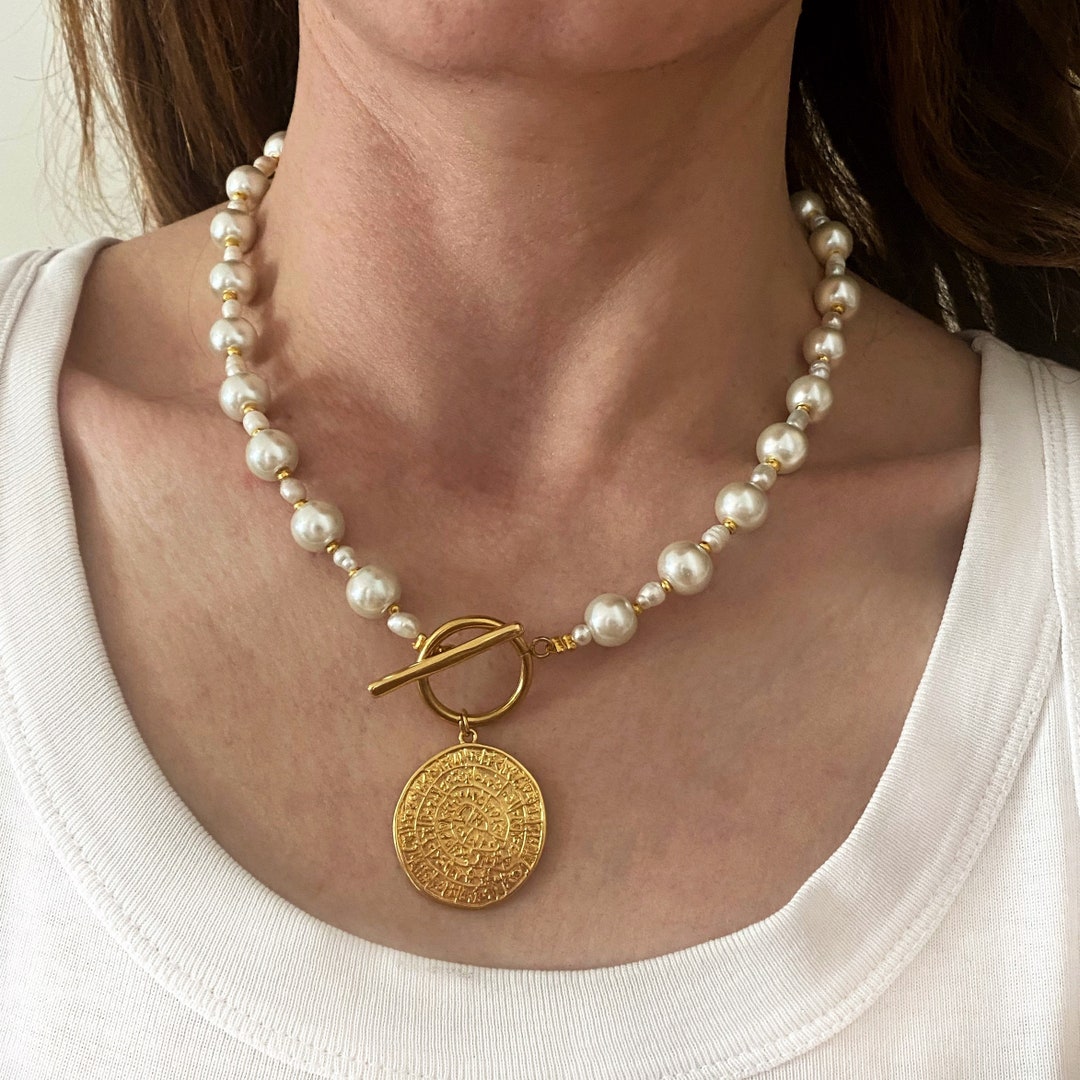 Pearl Coin Necklace, Gold Tone Coin Necklace, Disc Choker, Pendentif ...