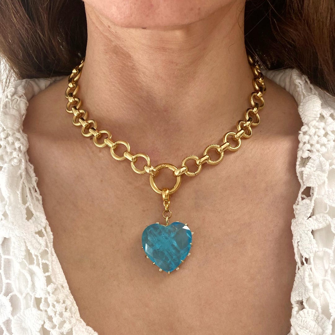 Light Blue Stone Heart Pendant Necklace: Gold Tone Chain - Etsy
