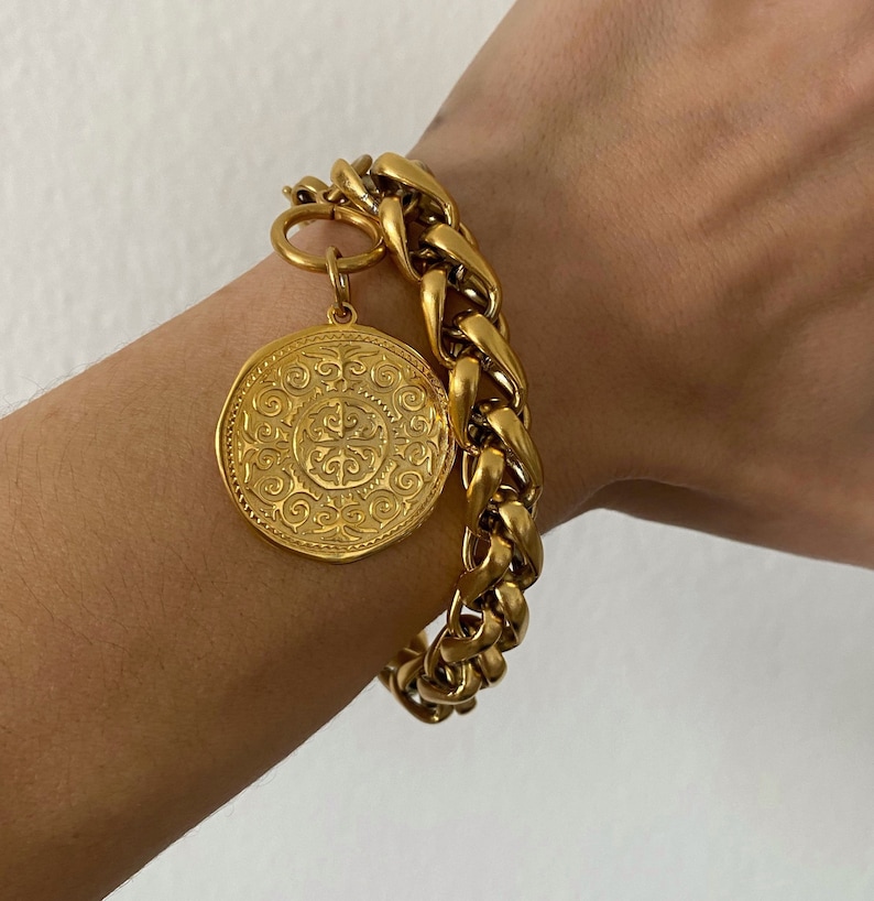 Coin Charm Bracelet, Chunky Chain Bracelet With Charm, Statement ...
