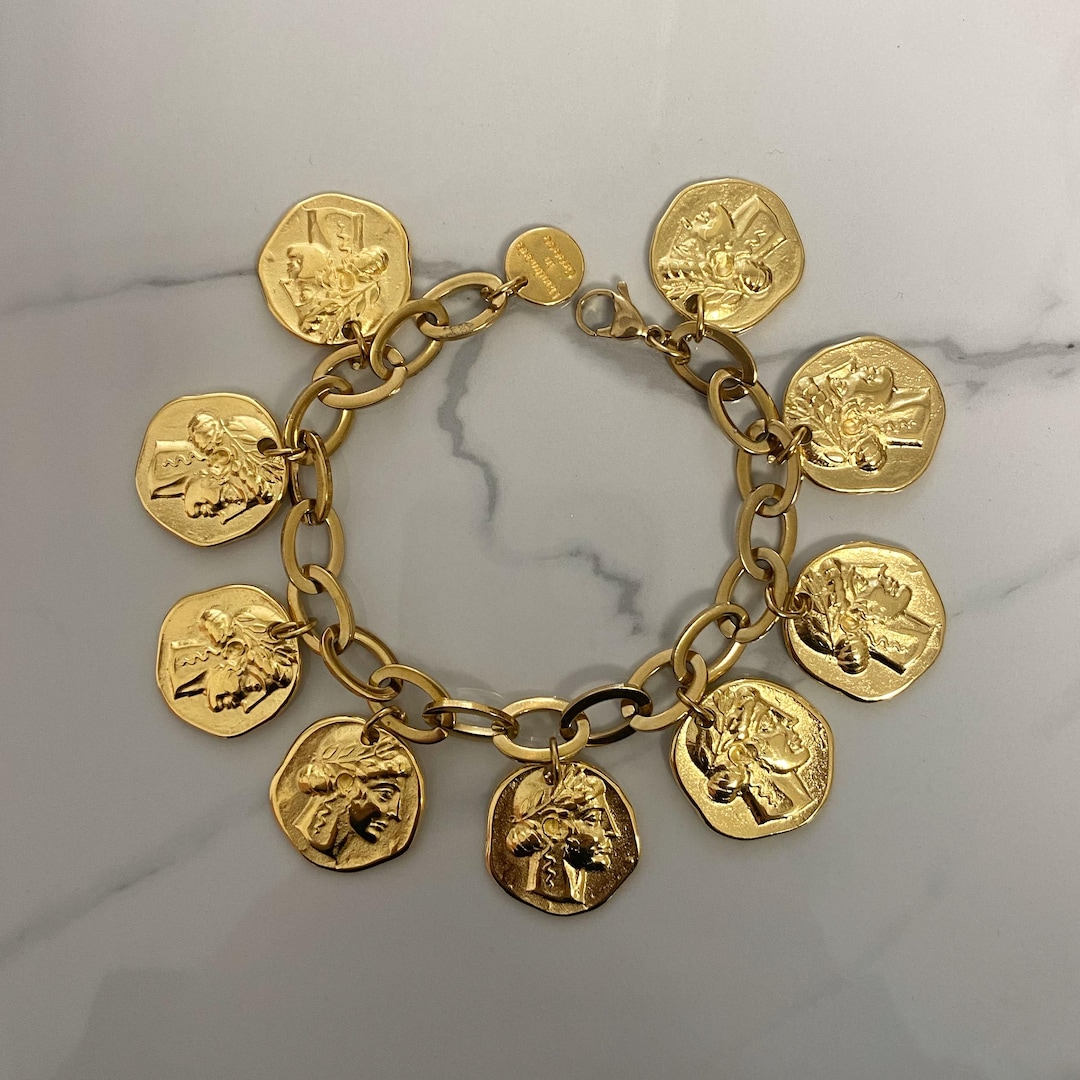 Coins Bracelet, Multi Charm Bracelet, Gold Tone Chunky Bracelet, Large ...