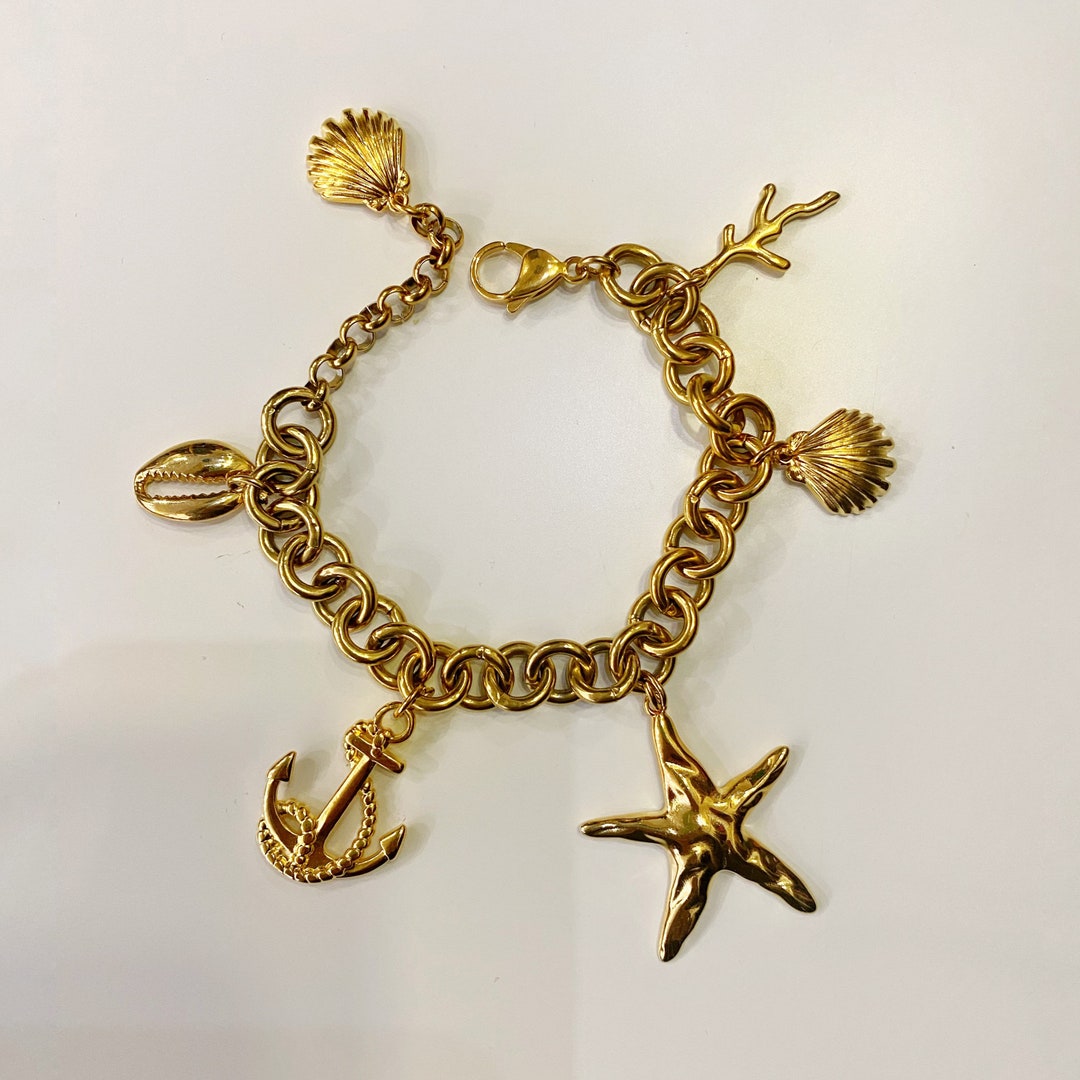 Gold Charm Bracelet, Seashell Multi Charm Bracelet, Mermaid Core ...