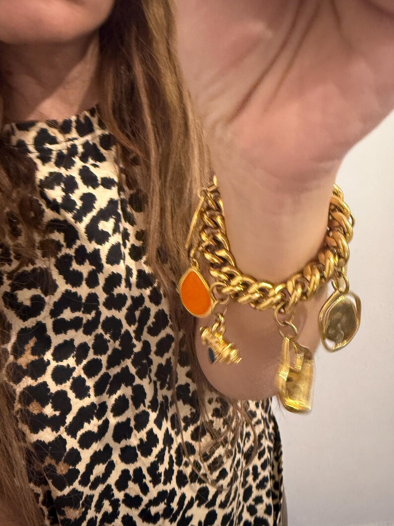Gold Tone Charm Bracelet, Multi Charm Heavy Thick Bold Chain Bracelet ...