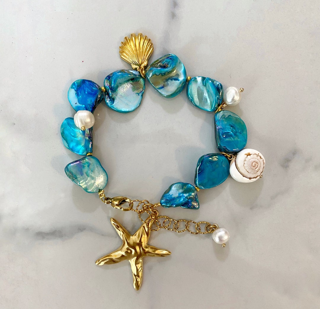 Turquoise Shell Charms Bracelet, Oversized Blue Shells Bracelet, Boho ...