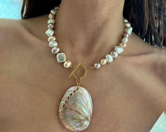 Large Shell Pendant Necklace Natural Shell Necklace Pink - Etsy