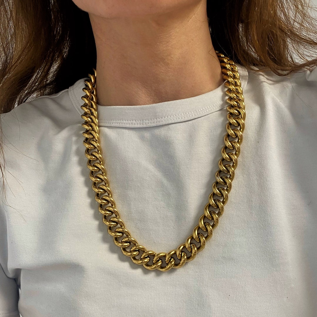 Gold Tone Chain Necklace, Long Chain Necklace, Large Bulky Chain ...
