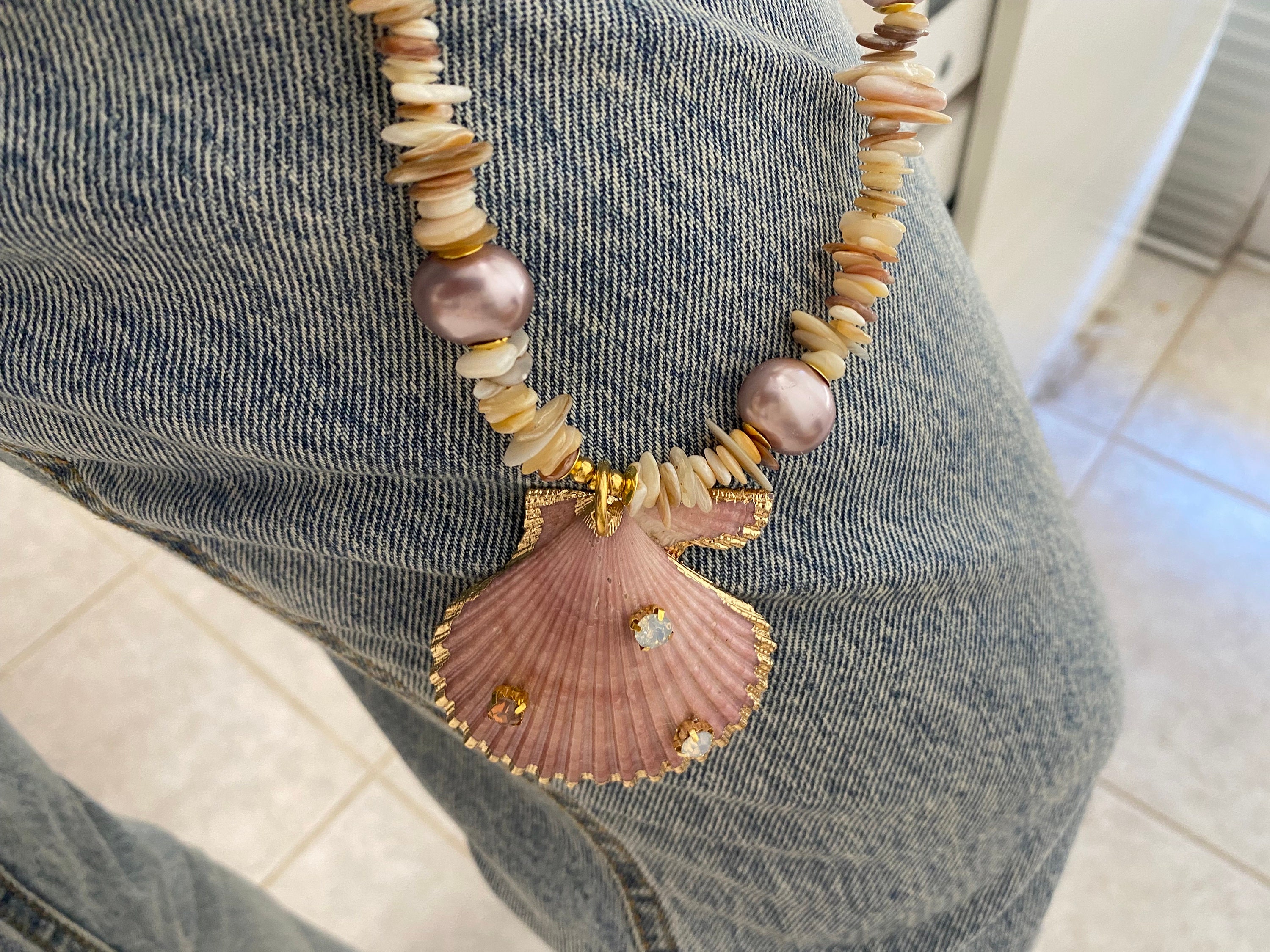 Large Shell Pendant Necklace, Natural Shell Necklace, Pearl Shell ...