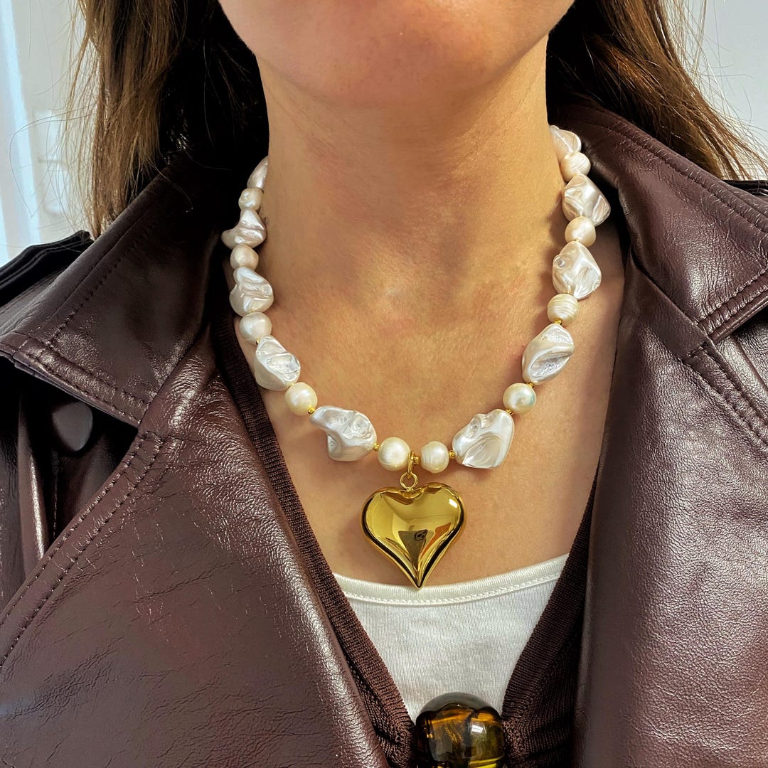 Puffed Heart Necklace, Irregular Beads and Pearl Necklace, Gold Tone ...