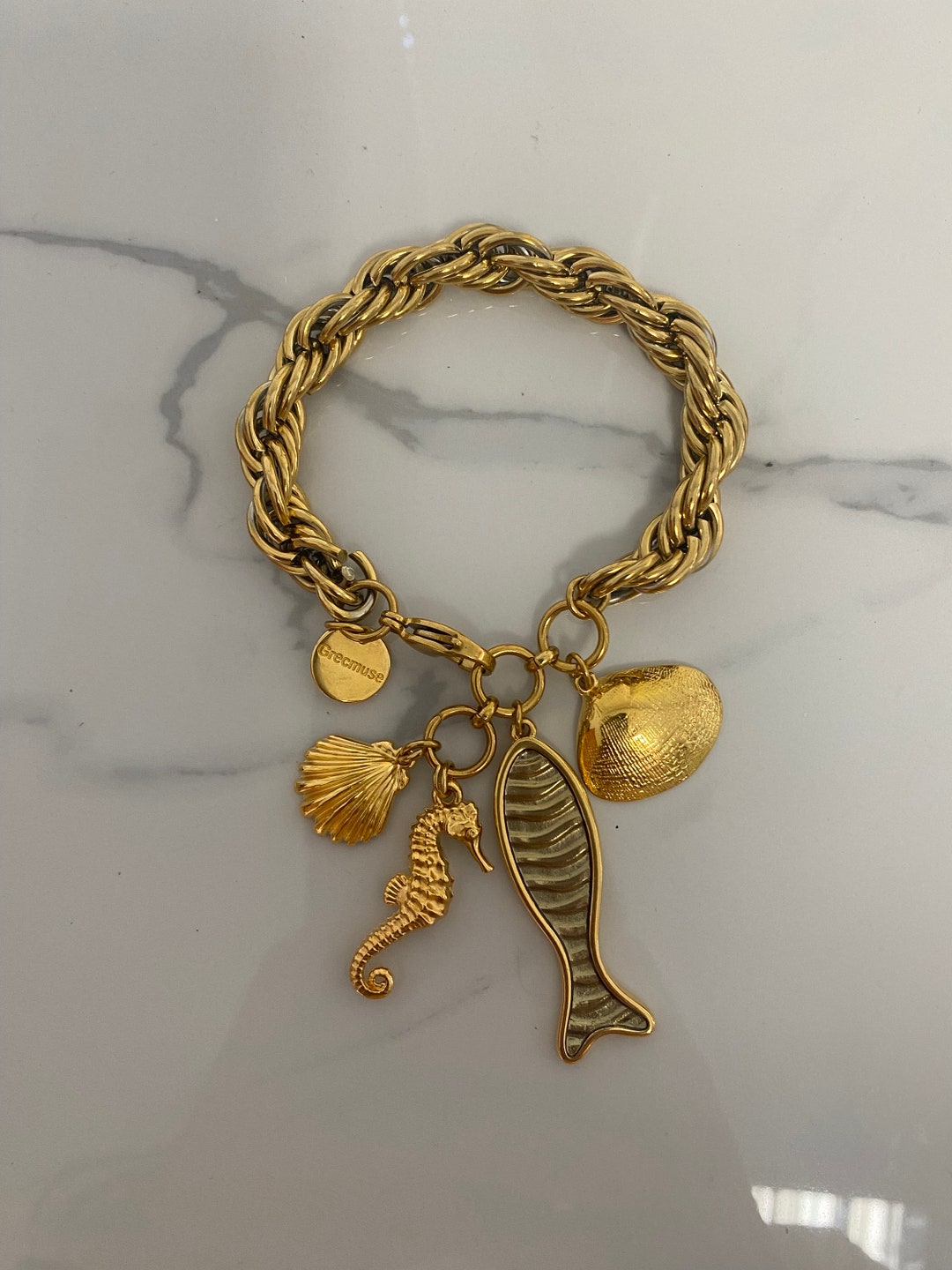 Fish Charm Bracelet, Chunky Gold Tone Bracelet, Summer Multi Charm ...