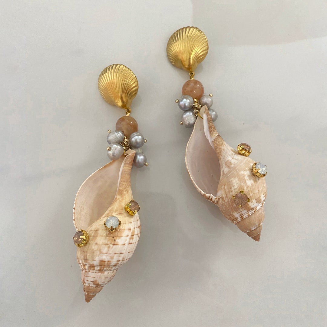 Sea Shell Earrings, Large Long Natural Shell Earrings, Seashell Jewelry ...