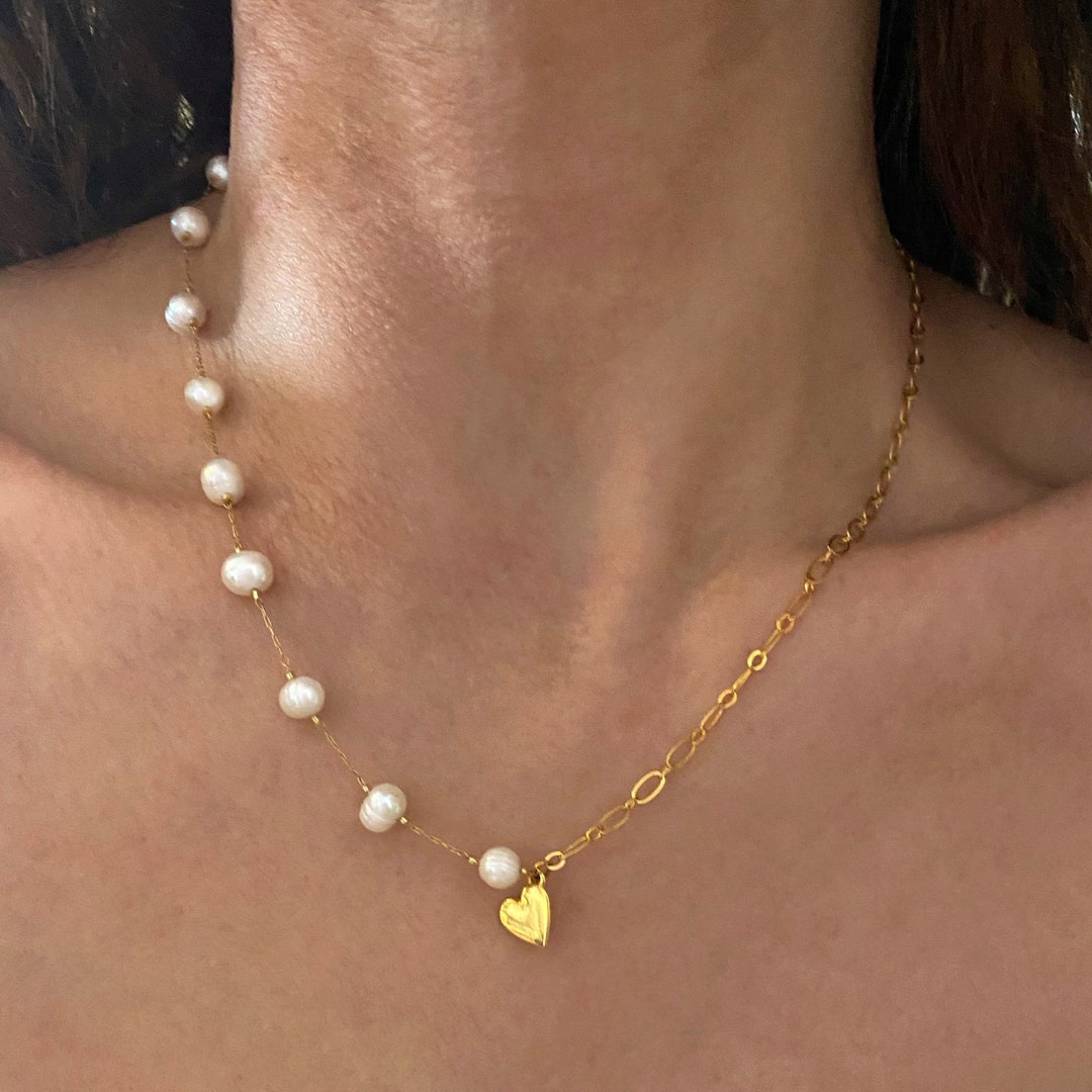 Half Pearl Half Chain Necklace Elegant Rosary Chain Necklace - Etsy