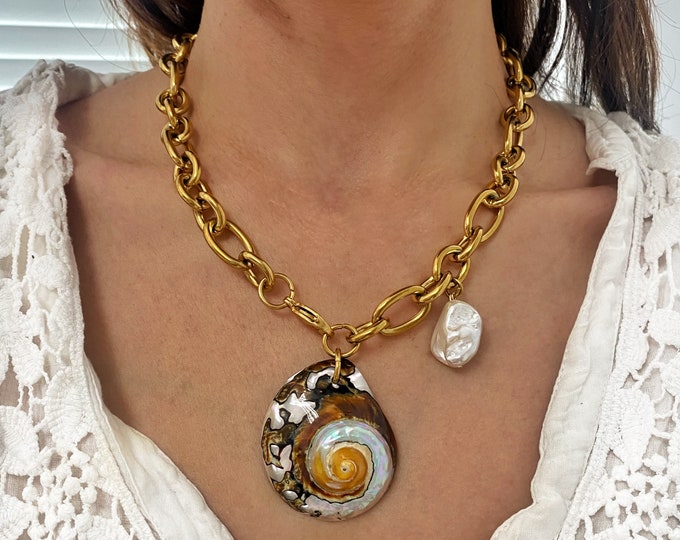 Shell Pendant Necklace, Chunky Thick Chain Necklace, Summer Jewelry for ...