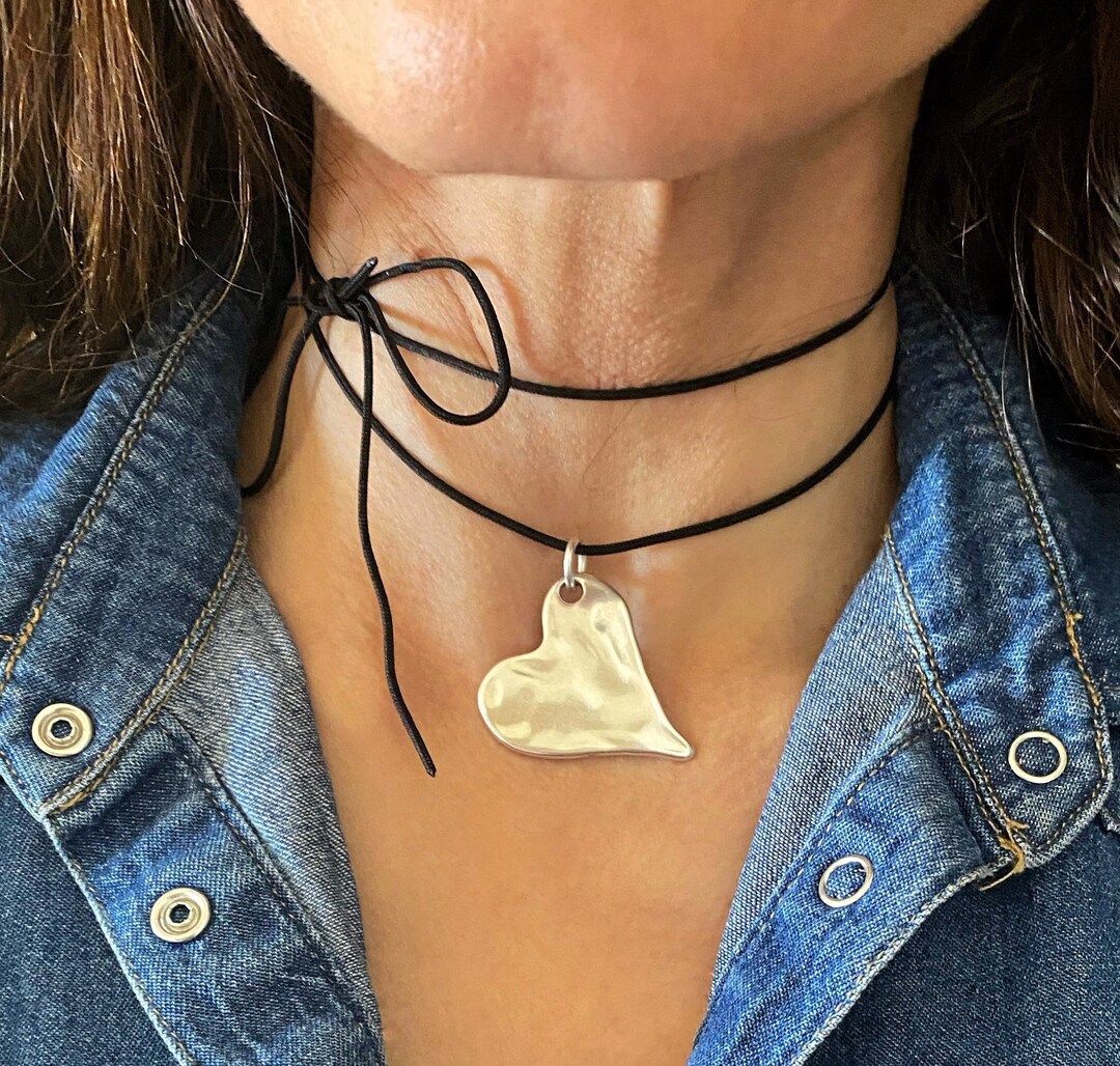 Heart Black String Necklace, Cord Choker With Heart Charm, Big Heart ...