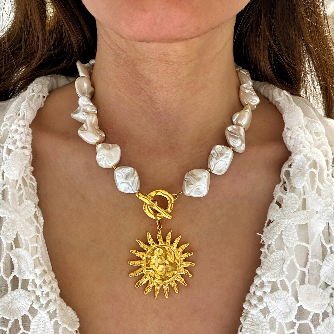Sun Pendant Necklace, Gold Tone Chunky Sun Necklace, Statement ...