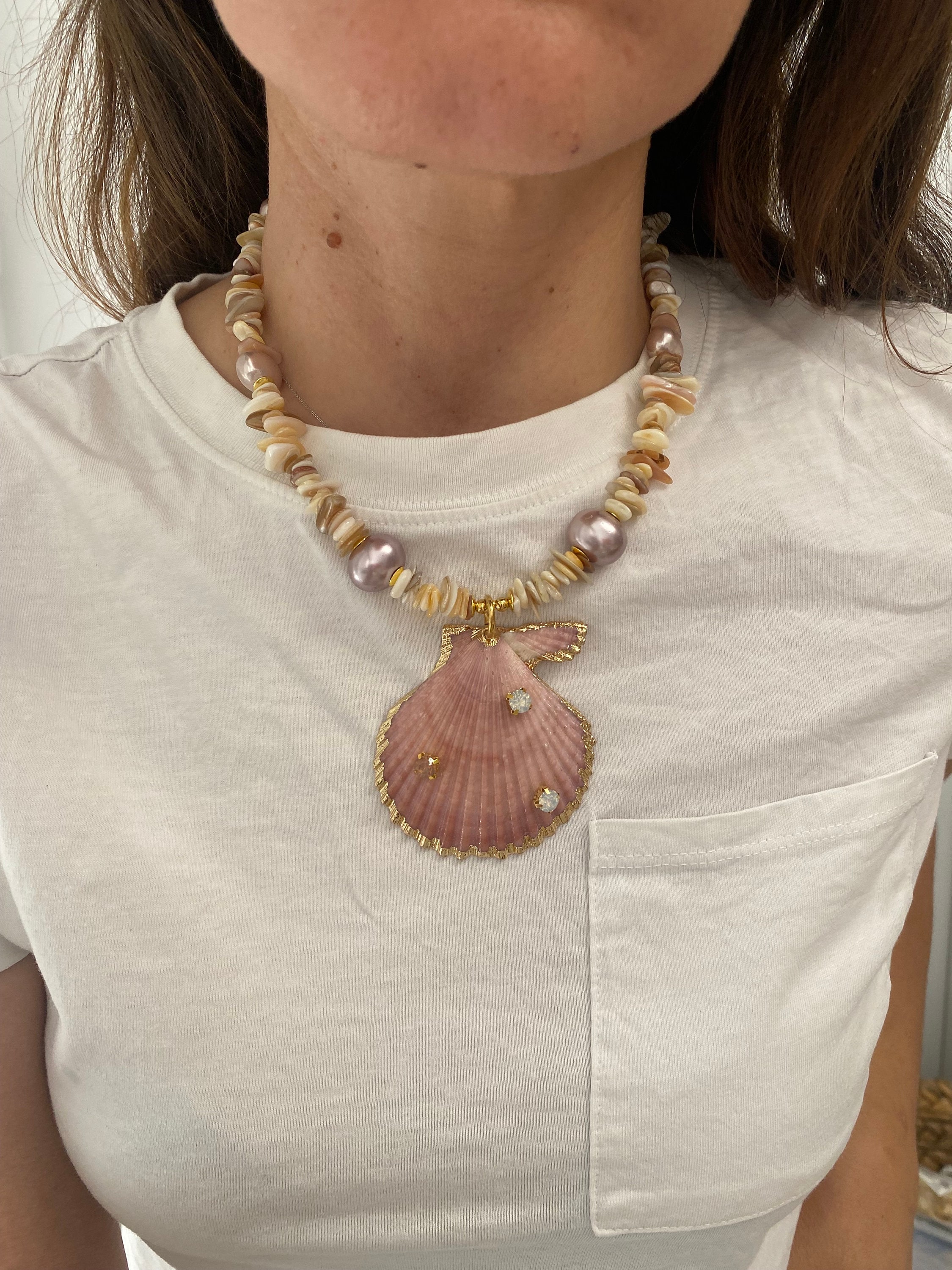 Large Shell Pendant Necklace, Natural Shell Necklace, Pearl Shell ...